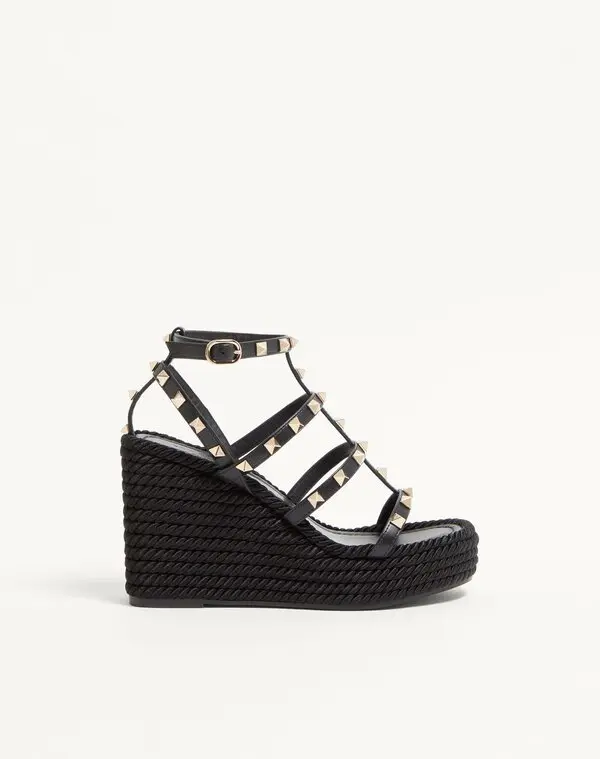 Valentino Garavani Rockstud Ankle Strap Wedge Sandals In Calfskin Leather - Black
