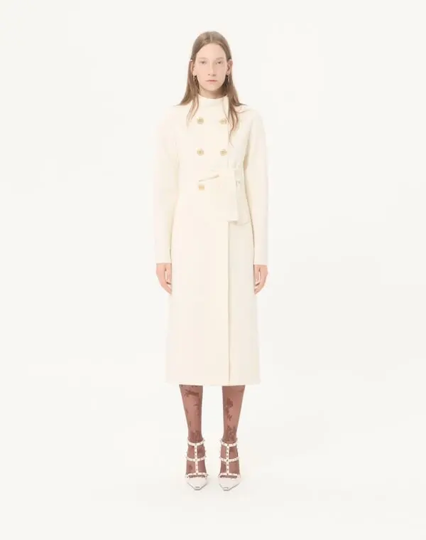 Valentino Garavani Double-breasted Compact Drap Coat With Fur Trim - Ivory