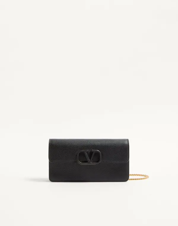 Valentino Garavani Vlogo Signature Grainy Calfskin Wallet With Chain - Black