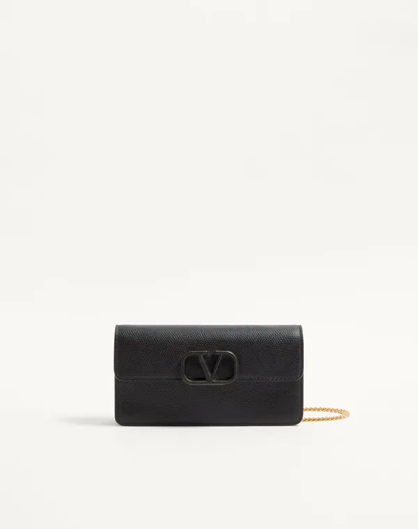 Valentino Garavani Vlogo Signature Grainy Calfskin Wallet With Chain - Black