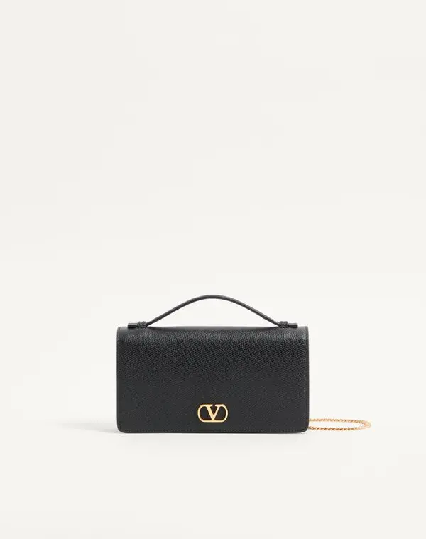 Valentino Garavani Vlogo Signature Grainy Calfskin Wallet With Chain - Black