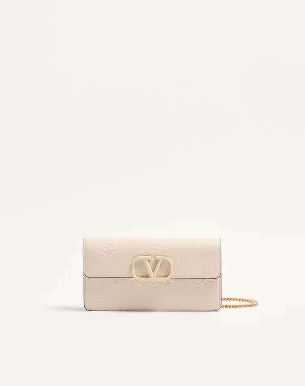 Valentino Garavani Vlogo Signature Grainy Calfskin Wallet With Chain - Light Ivory