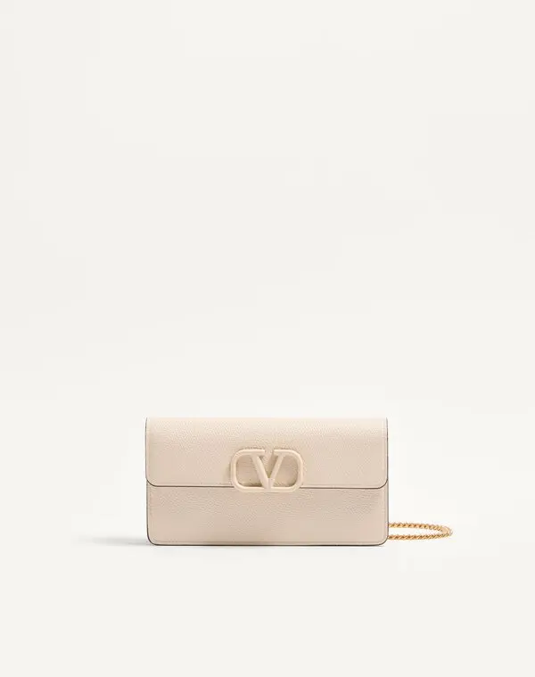 Valentino Garavani Vlogo Signature Grainy Calfskin Wallet With Chain - Light Ivory