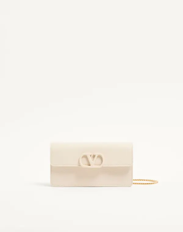 Valentino Garavani Vlogo Signature Grainy Calfskin Wallet With Chain - Light Ivory
