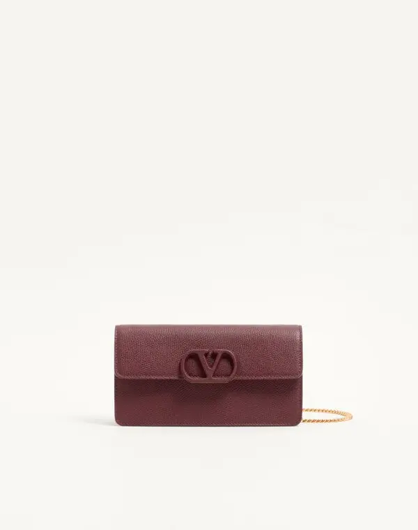 Valentino Garavani Vlogo Signature Grainy Calfskin Wallet With Chain - Maroon