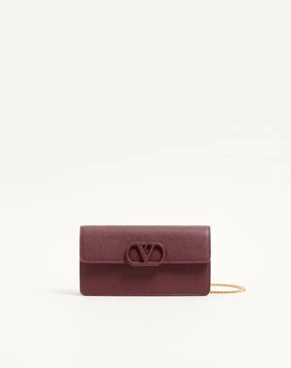 Valentino Garavani Vlogo Signature Grainy Calfskin Wallet With Chain - Maroon