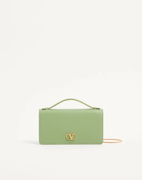Valentino Garavani Vlogo Signature Grainy Calfskin Wallet With Chain - Mint
