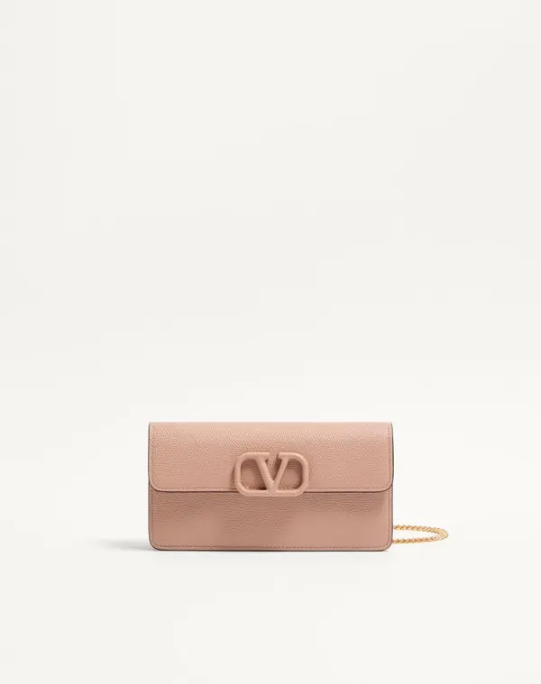 Valentino Garavani Vlogo Signature Grainy Calfskin Wallet With Chain - Rose Cannelle