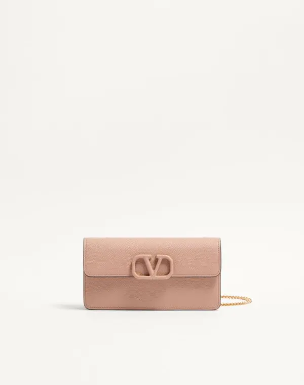 Valentino Garavani Vlogo Signature Grainy Calfskin Wallet With Chain - Rose Cannelle