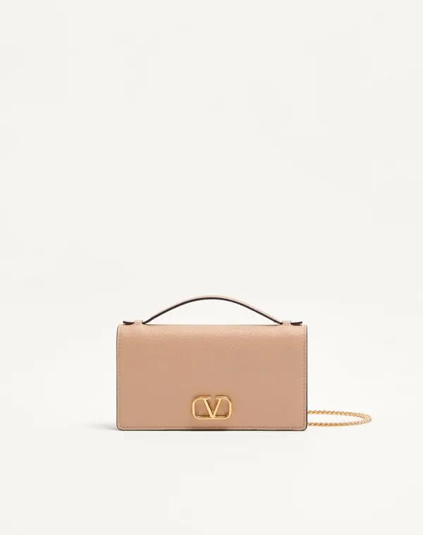 Valentino Garavani Vlogo Signature Grainy Calfskin Wallet With Chain - Rose Sand