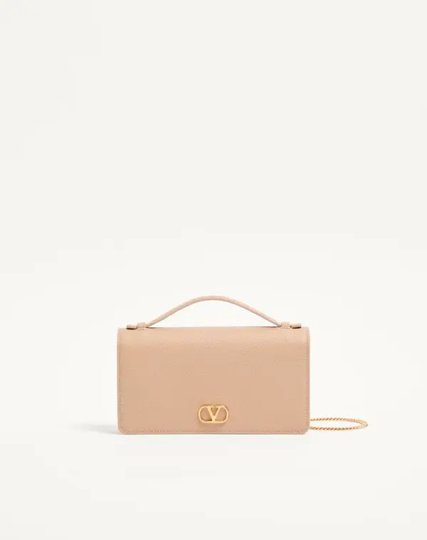 Valentino Garavani Vlogo Signature Grainy Calfskin Wallet With Chain - Rose Sand