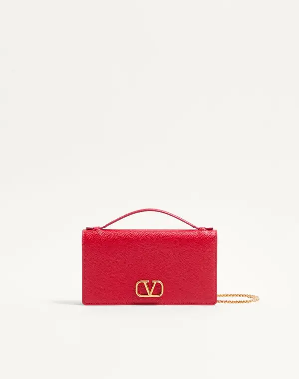 Valentino Garavani Vlogo Signature Grainy Calfskin Wallet With Chain - Rouge Pur