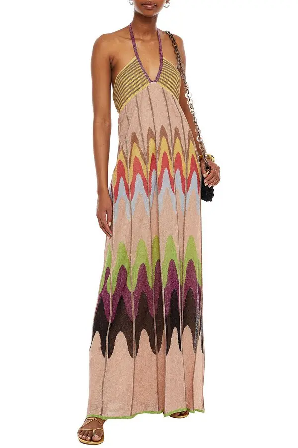 Missoni Pleated Metallic Crochet-Knit Halterneck Maxi Dress In Blush - 57%  Off | Editorialist