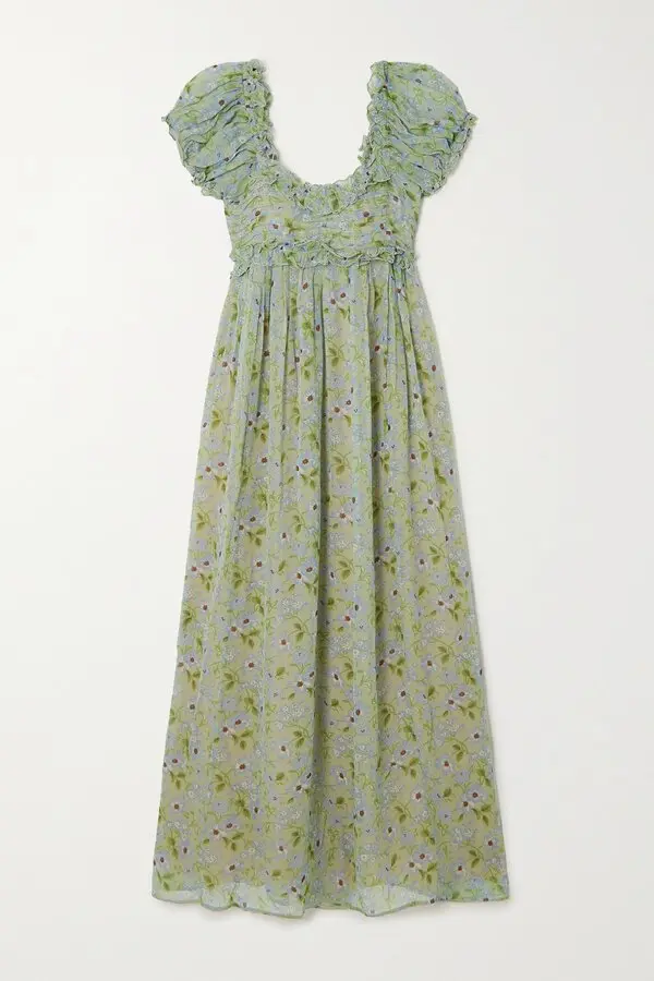 DEn Drew Ruffled Floral-Print Silk-Georgette Maxi Dress In Green - 40% Off  | Editorialist