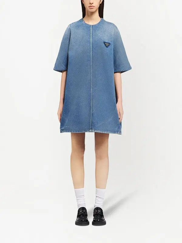 Prada Logo Plaque Denim Dress - Blue | Editorialist