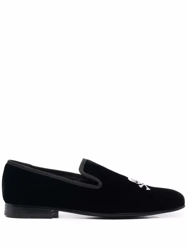 Philipp Plein Skull Embroidery Velvet Loafers