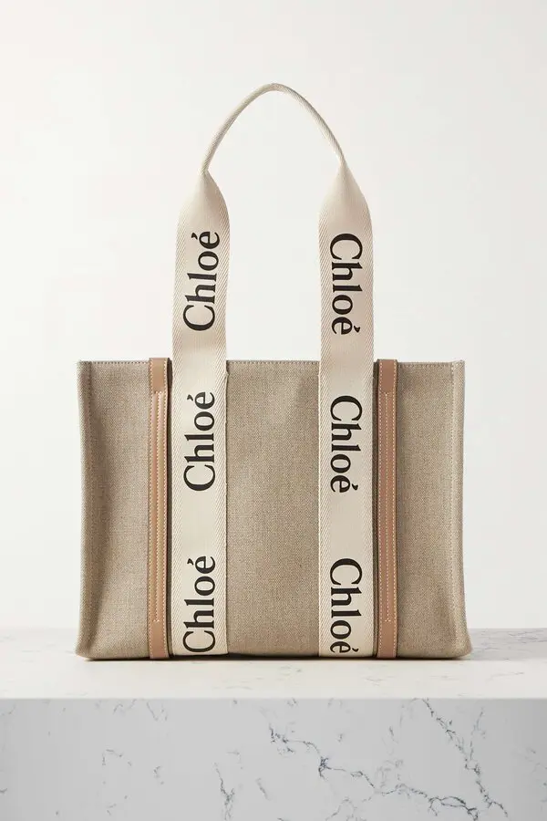 Chloé Woody Medium Leather-trimmed Cotton-canvas Tote