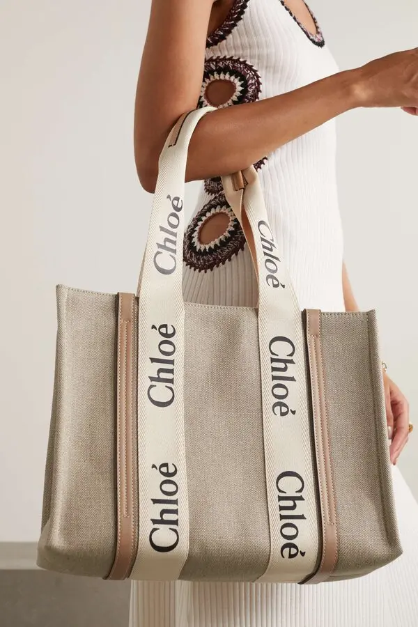 Chloé Woody Medium Leather-trimmed Cotton-canvas Tote