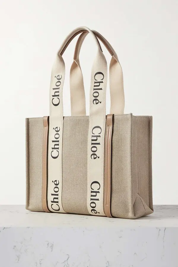 Chloé Woody Medium Leather-trimmed Cotton-canvas Tote