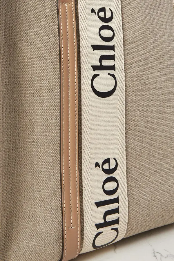 Chloé Woody Medium Leather-trimmed Cotton-canvas Tote