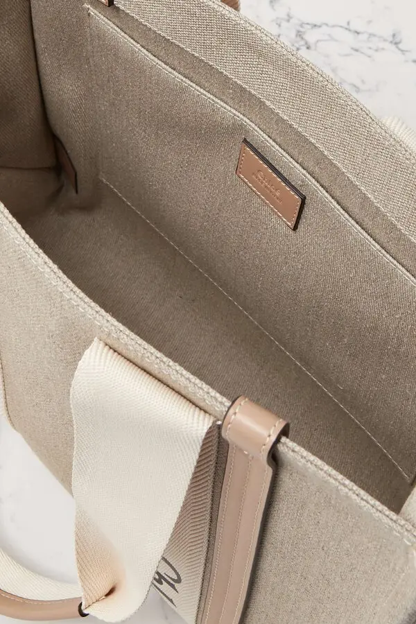 Chloé Woody Medium Leather-trimmed Cotton-canvas Tote