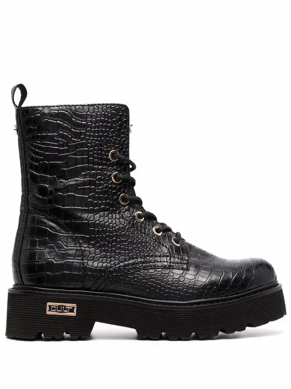 CULT Crocodile-effect Leather Boots - Black