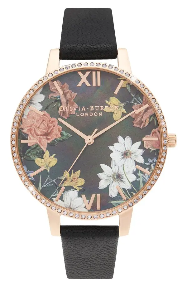 OLIVIA BURTON Sparkle Floral Leather Strap Watch