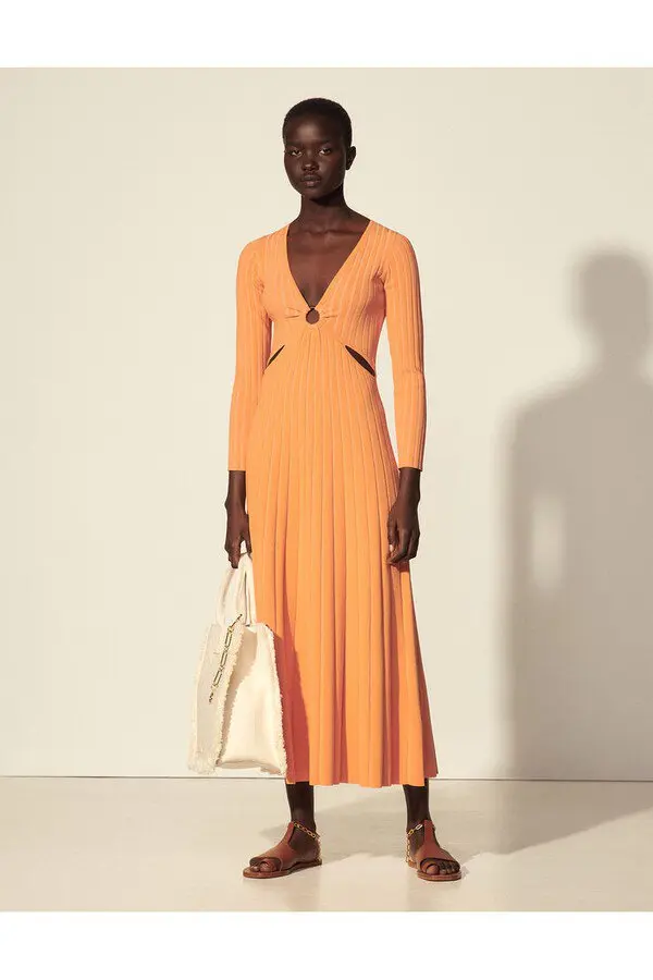 Sandro Long Knitted Dress In Orange - 40% Off | Editorialist