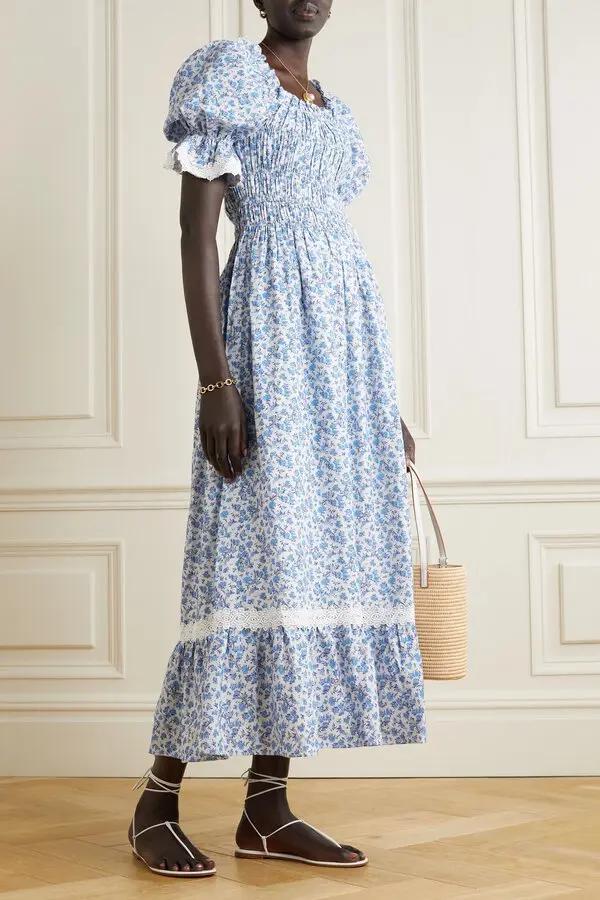 Lug Von Siga Elisa Smocked Ruffled Printed Cotton And Linen-Blend Midi Dress  In Blue - 60% Off | Editorialist