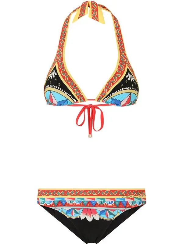 Dolce & Gabbana Carretto-print Triangle Bikini - Black