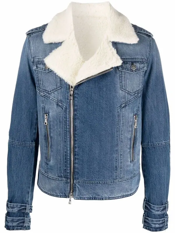 Balmain Shearling Collar Denim Biker Jacket