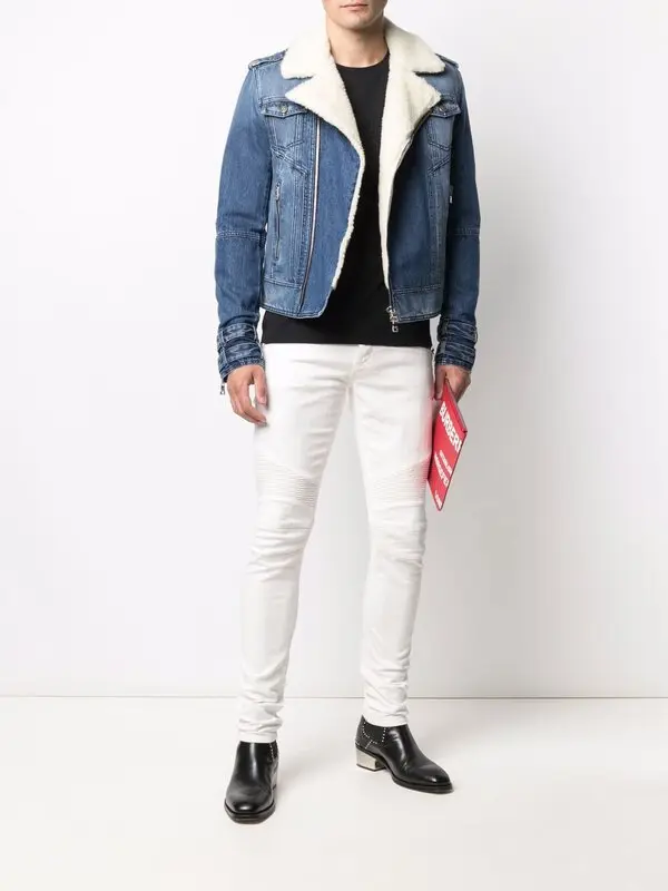 Balmain Shearling Collar Denim Biker Jacket