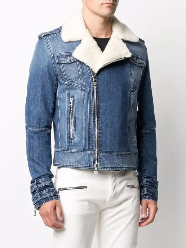 Balmain Shearling Collar Denim Biker Jacket