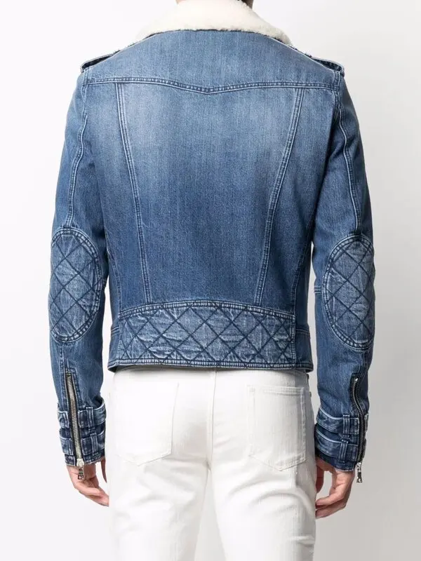 Balmain Shearling Collar Denim Biker Jacket