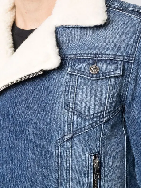 Balmain Shearling Collar Denim Biker Jacket