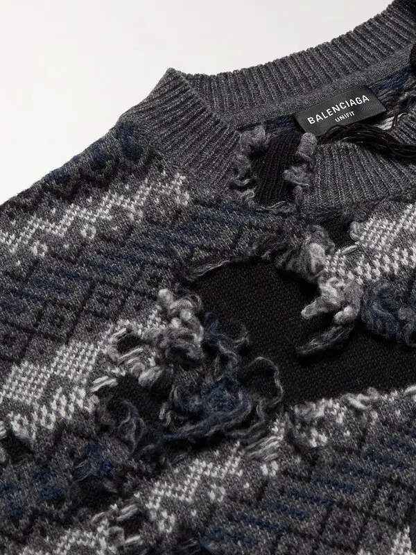 Balenciaga Distressed Logo-Embroidered Wool-Blend Sweater In Gray