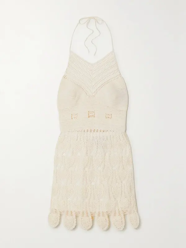 Loewe Crocheted Cotton Halterneck Mini Dress - Neutrals