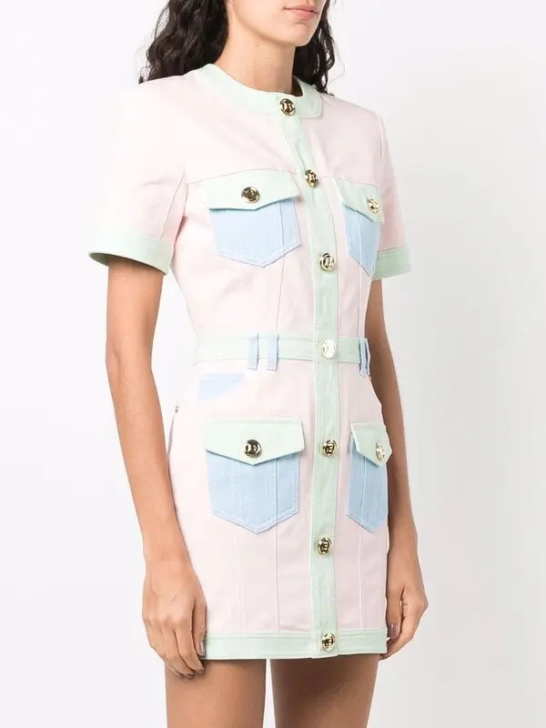 balmain denim and pink dress Multi-panel Short-sleeve Denim Dress