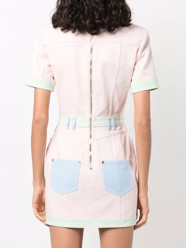 balmain pink denim dress Multi-panel Short-sleeve Denim Dress
