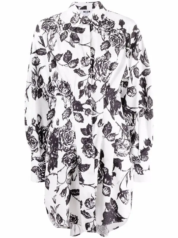 MSGM Floral Print Shirt Dress - White