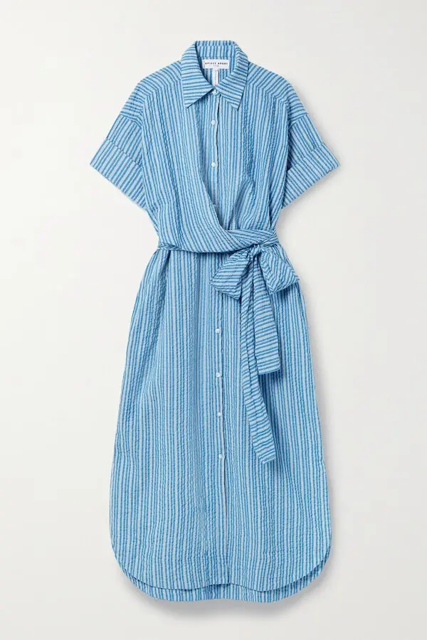 Apiece Apart Nicoya Striped Organic Cotton-Seersucker Midi Shirt Dress -  Blue | Editorialist