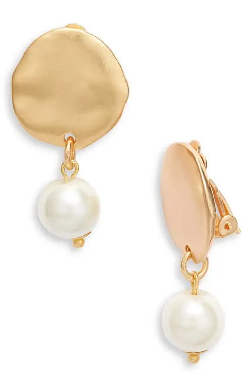 KARINE SULTAN Hammered Disc Faux Pearl Clip-on Drop Earrings - Gold