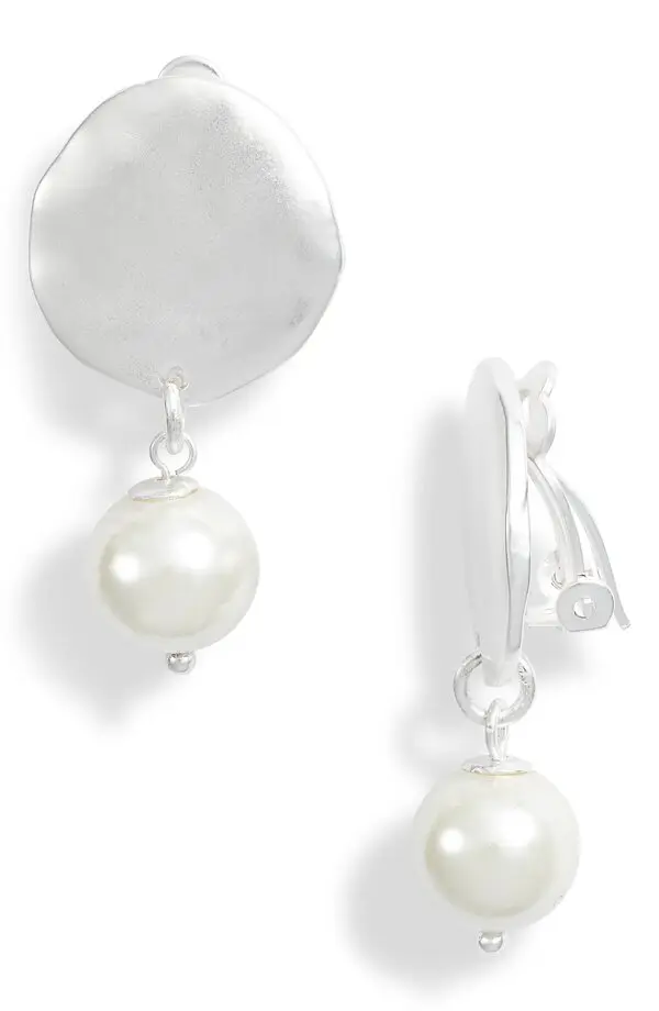 KARINE SULTAN Hammered Disc Faux Pearl Clip-on Drop Earrings