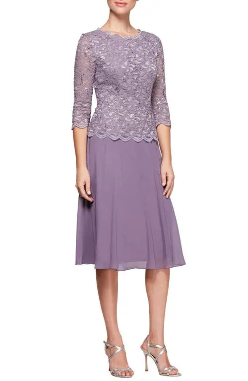 Alex Evenings Faux Two-piece Lace Dress - Icy Orchid
