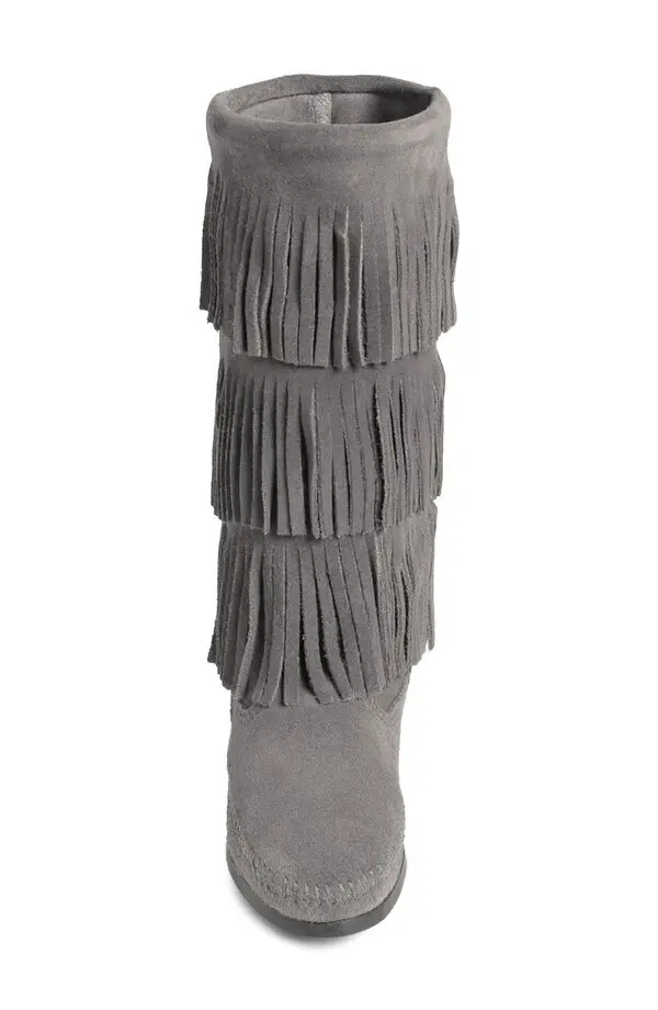 Minnetonka 3-layer Fringe Boots - Grey Suede