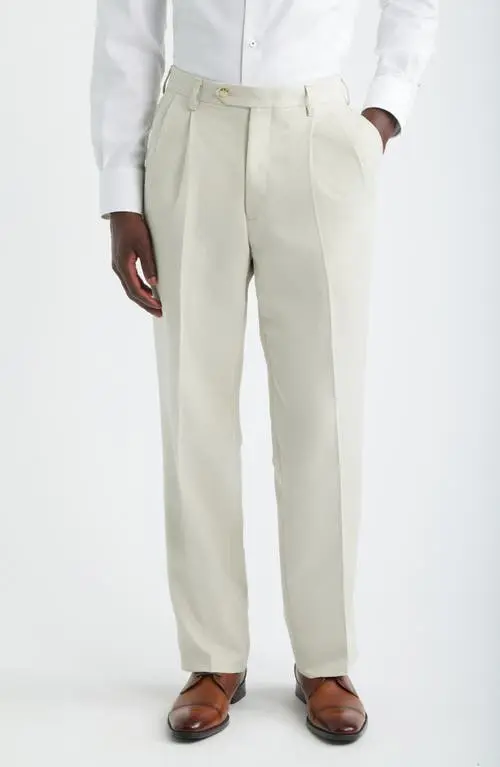 Berle Classic Fit Pleated Microfiber Trousers - Stone