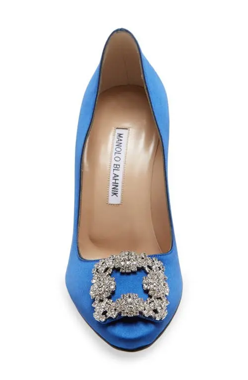 Manolo Blahnik Hangisi Crystal Buckle Pumps - Blue Satin Clear/buckle