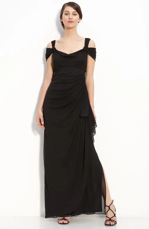 Alex Evenings Cold Shoulder Ruffle Gown - Black