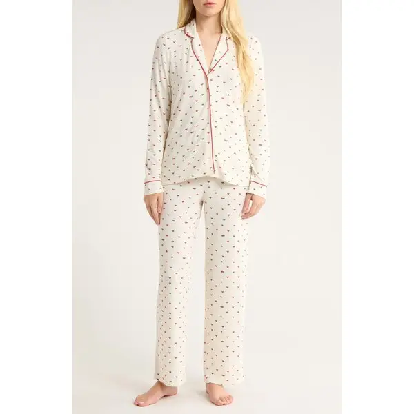 Nordstrom Brushed Hacci Pajamas - Ivory- Green Micro Hearts