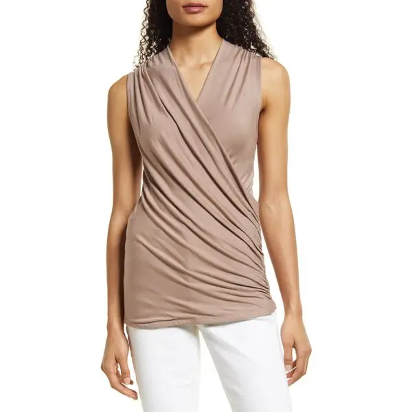 Loveappella Cross Drape Sleeveless Top - Mushroom